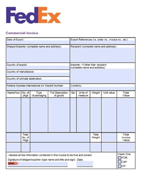 Commercial Invoice Template Printable Fedex