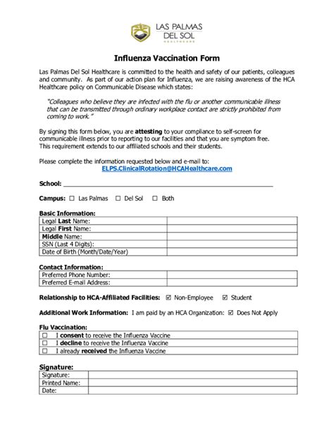 Influenza Vaccine Form Printable