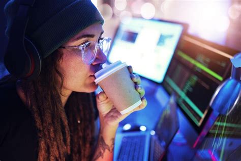 Premium Photo Computer Coffee Or Woman Hacker In Dark Room At Night For Coding Phishing Or