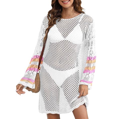 Qcmgmg Womens Swimwear Cover Ups Two Piece Dress Beach Swimsuit Crochet 2024 Long Sleeve
