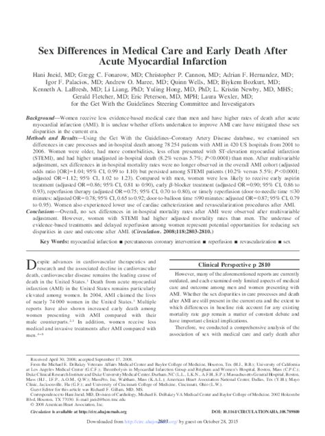 Pdf Sex Differences In Medical Care And Early Death After Acute