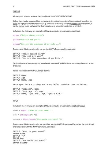 0984 0478 Pseudocode Worksheet Input Output Teaching Resources