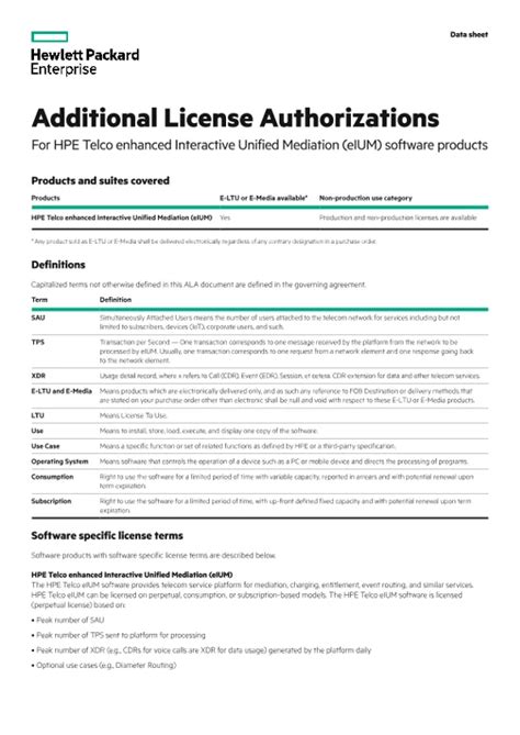 Additional License Authorizations For Hpe Telco Enhanced Interactive Unified Mediation Eium