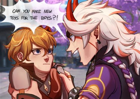 Safebooru 2boys Arataki Itto Bangs Black Nails Blue Eyes