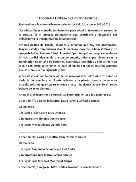 Programa Entrega De Reconocimientos Pdf