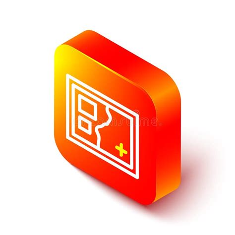 Isometric Line Folded Map Icon Isolated On White Background Orange Square Button Stock Vector