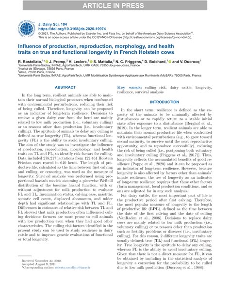 Pdf Influence Of Production Reproduction Morphology And Health Traits On True And