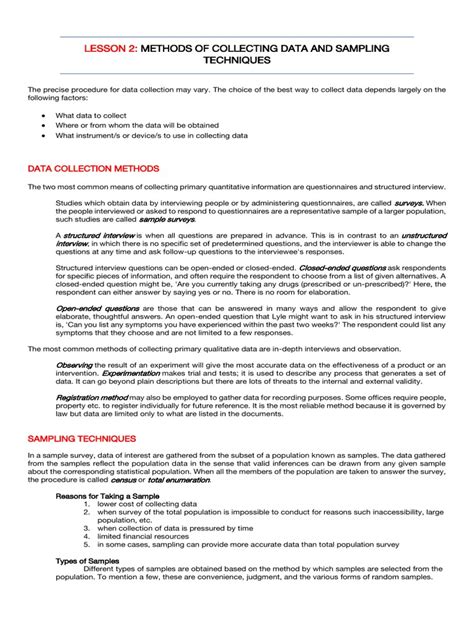 Lesson 2 Pdf Pdf Sampling Statistics Survey Methodology