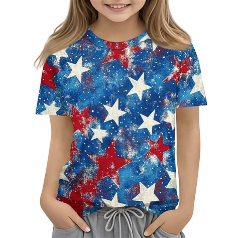 Ktyne Independence Day Shirts Girls Short Sleeve American Flag Tshirt