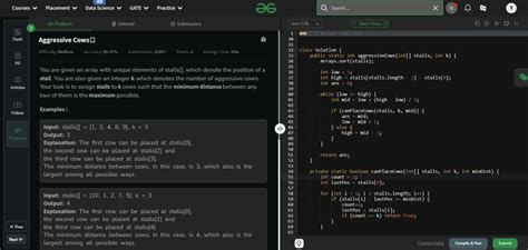 dsa geeksforgeeks gfg160 aggressivecows binarysearch codingjourney… yash goel