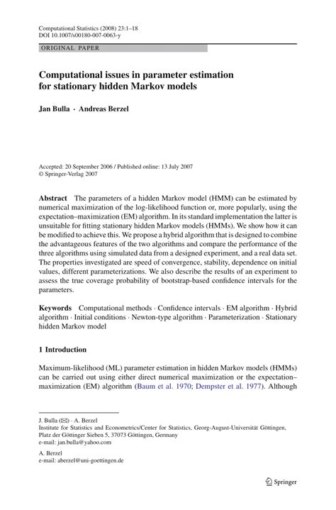 Pdf Computational Issues In Parameter Estimation For Stationary Hidden Markov Models