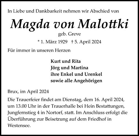 Traueranzeigen Von Magda Von Malottki Trauer Anzeigende