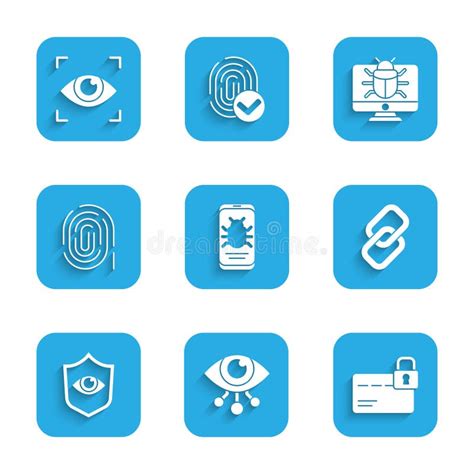 Set System Bug On Mobile Eye Scan Credit Card With Lock Chain Link Shield And Eye