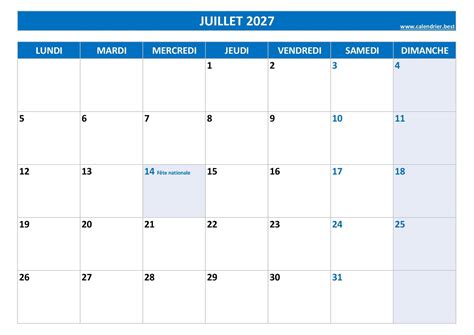 Calendrier Juillet 2027 à Consulter Ou Imprimer Calendrier Best