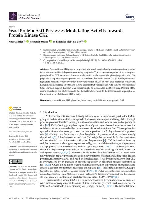 pdf yeast protein asf1 possesses modulating activity towards protein