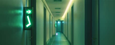 A Hallway With A Green Exit Sign On The Wall Premium AI Generated Image