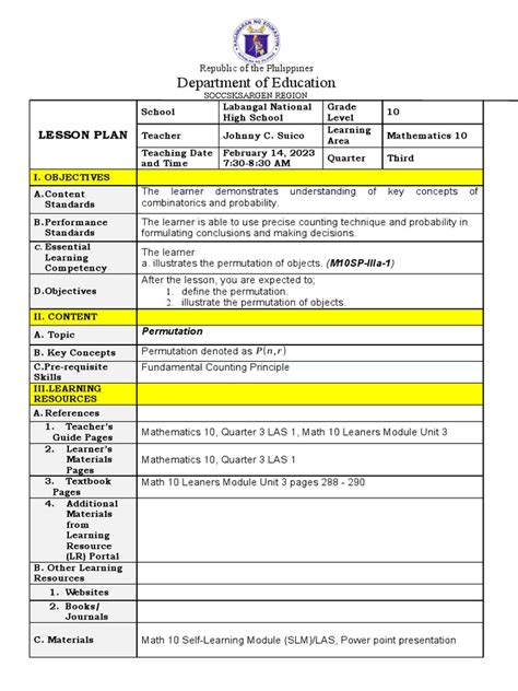 Permutation Lesson Plan Johnny Suico Pdf Permutation Mathematics