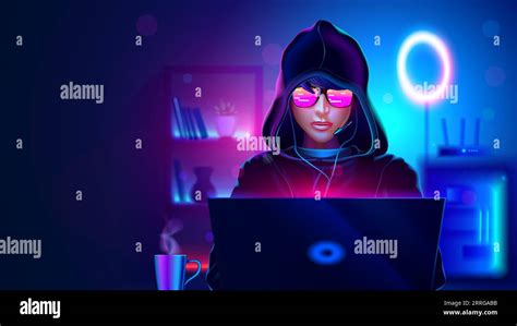 A Teenage Gamer In A Hood Is Playing At A Gaming Laptop A Teenage Girl