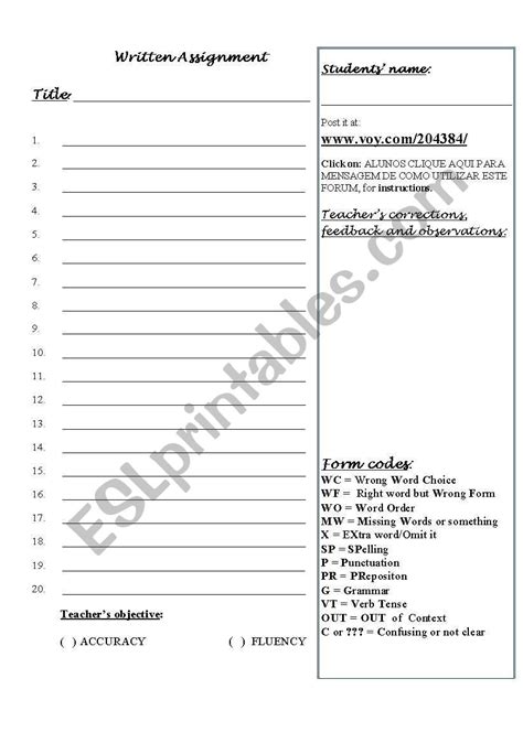 Written Assignment Sheet With Correction Codes Esl Worksheet By Tzitas