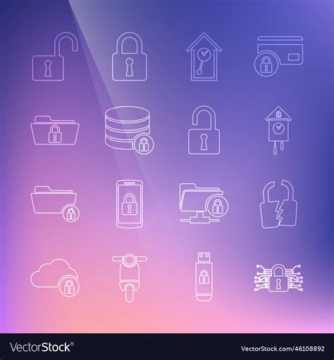Set Line Cyber Security Broken Or Cracked Lock Vector Image