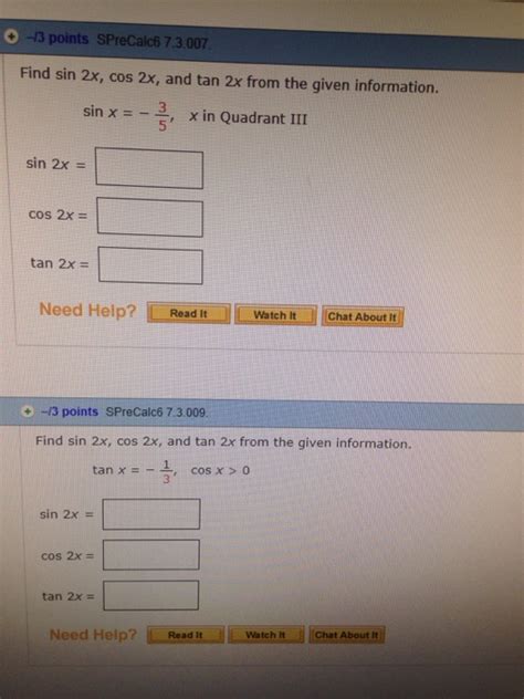 Solved Find Sin 2x Cos 2x And Tan 2x From The Given