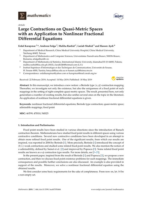 Pdf Large Contractions On Quasi Metric Spaces With An Application To Nonlinear Fractional