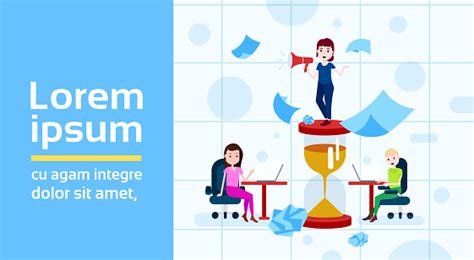 모래 시계 여자 잡고 확성기 문자 흰색 배경 전체 길이 복사본 공간 수평에 사무실 책상 서식 파일 디자인 작업 및 애니메이션에 대 한 협력 경영자에 대한 스톡 벡터 아트 및