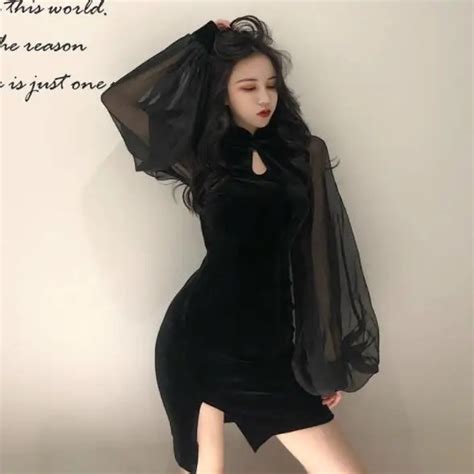 고딕 Bodycon 미니 드레스 블랙 칼집 랜턴 슬리브 여성 섹시한 짧은 펑크 드레스 중공 메쉬 봄 고스 미니 드레스 Dv289