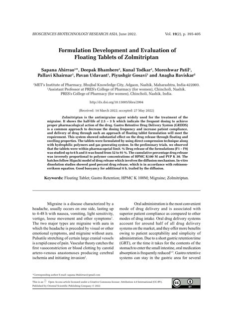 Pdf Formulation Development And Evaluation Of Floating Tablets Of Zolmitriptan