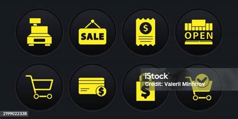 쇼핑 카트 건물 및 열기 신용 카드 달러 쇼핑 가방 종이 수표 금융 수표 판매 마크 및 금전 등록기 기계 아이콘과 매달려 기호 벡터 0명에 대한 스톡 벡터 아트 및 기타