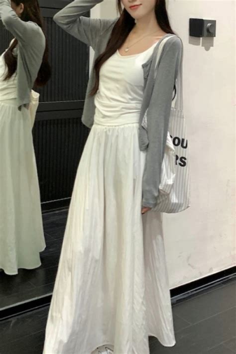 핑크프릴 Set 그레이 긴팔 가디건이너 나시a라인 롱스커트 3p 셋업