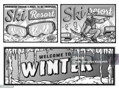 스키 리조트의 스노보더 눈 덮인 풍경 스키 고글이 등장하는 빈티지 포스터 세트 겨울 스포츠를 위한 겨울 포스터 또는 표지판 가루눈에 대한 스톡 벡터 아트 및 기타 이미지