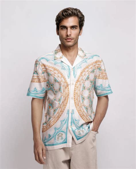 Rare Rabbit Mens Yokor Beige Viscose Placement Print Boxy Fit Half Sl Rare Rabbit Mens Yokor Beige Viscose Placement Print Boxy Fit Half Sl
