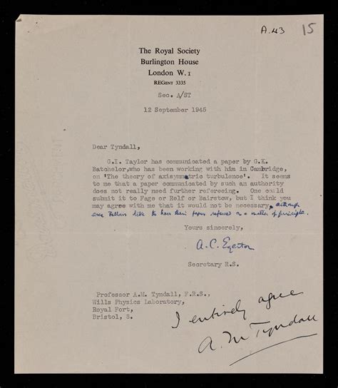 Letter From Alfred Charles Glyn Egerton On A Paper The Theory Of