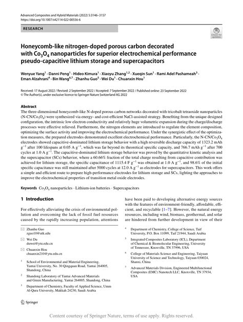 Honeycomb Like Nitrogen Doped Porous Carbon Decorated With Co3o4 Nanoparticles For Superior