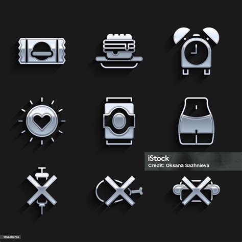 설정 소다 수 아니 고기 정크 푸드 여성 허리 도핑 주사기 태양 알람 시계와 스포츠 영양 아이콘 벡터 0명에 대한 스톡 벡터 아트 및 기타 이미지 Istock