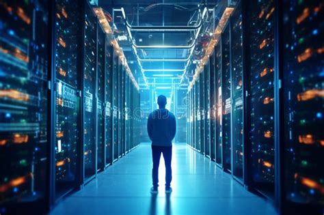 Back View Of Young Man In Datacenter Server Room Data Center Concept Stock Illustration