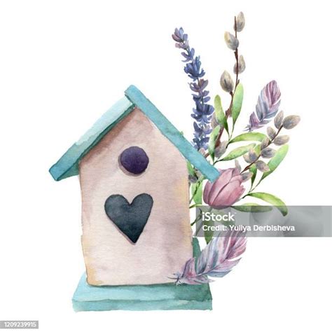 새집과 라벤더 수채화 스프링 카드 손으로 그린 중첩 상자 깃털 튤립과 흰색 배경에 고립 된 버드 나무 디자인 인쇄 직물 또는