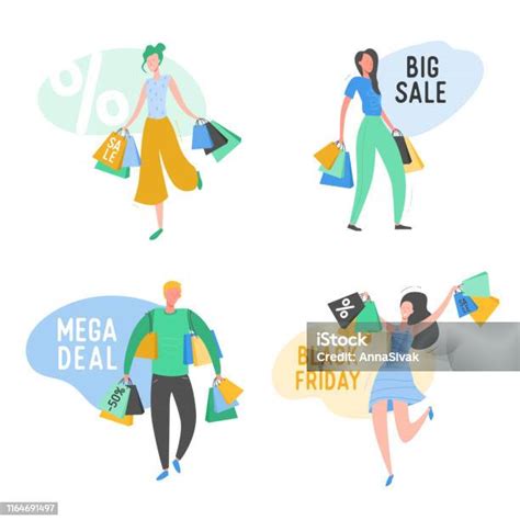 쇼핑 백과 선물을 가진 사람들의 집합입니다 남자와 여자 캐릭터 큰 판매 할인 및 광고 배너 벡터에서 프로모션 포스터 개념