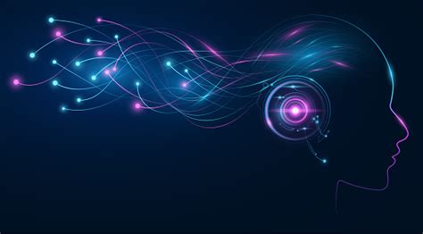 인공지능을 가진 사이보그는 신경망으로 정보를 분석한다 사이버네틱 공상과학 개념 로봇의 머리에서 빛나는 신경 연결기 벡터 그림 보라색에 대한 스톡 벡터 아트 및 기타 이미지