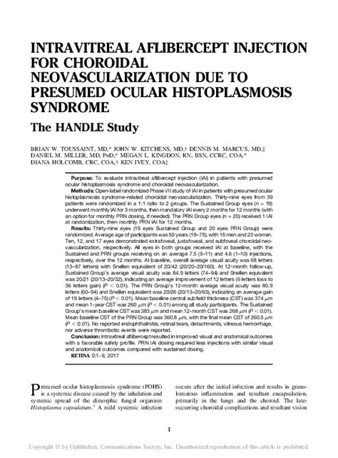 Pdf Intravitreal Aflibercept Injection For Choroidal Neovascularization Due To Presumed Ocular