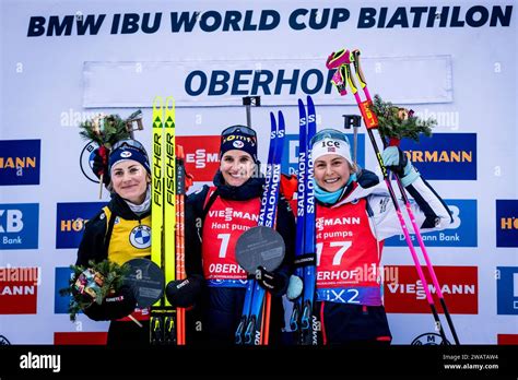 From Left The Second Placed Justine Braisaz Bouchet Of France Winner