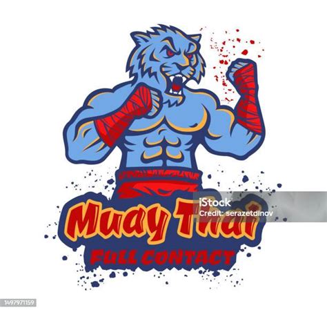 화난 근육질의 호랑이와 싸우는 클럽을 위한 벡터 템플릿 스포츠 로고 무에타이 클럽을 위한 호랑이가 있는 벡터 스포츠 로고 무에타이에 대한 스톡 벡터 아트 및 기타 이미지