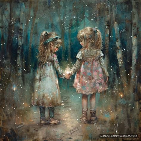 Ai创作图森林里的小女孩插画 梦幻唯美童话童年美梦 童话一般的童年 透明珠的两个小孩 童话世界招贴画 唯美小女孩插画 双胞胎姑娘 两个小姑娘 小朋友油画 梦幻世界里的姑娘 文艺梦境小女孩手绘