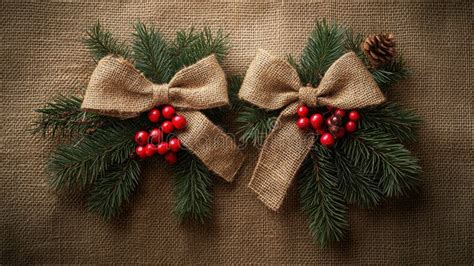 Holiday T Wrapping Rustic Burlap Bows With Pine And Red Berries On