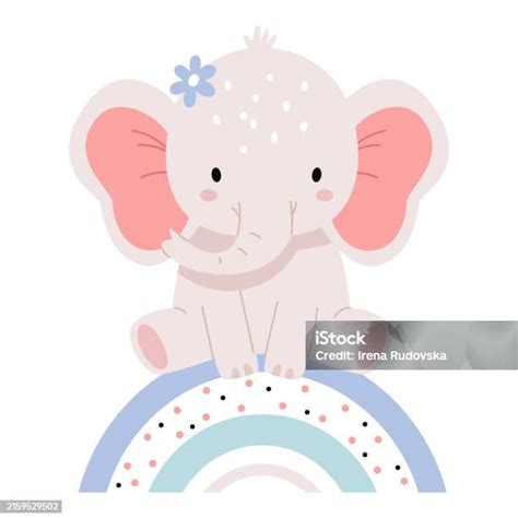 무지개 위에 앉아있는 귀여운 아기 코끼리 스칸디 스타일의 엽서 어린이 유치원 평면 벡터 일러스트 레이 션 0명에 대한 스톡 벡터 아트 및 기타 이미지 Istock