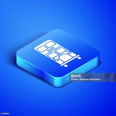 파란색 배경에 격리 된 아이소메트릭 더블 데커 버스 아이콘입니다 런던 클래식 여객 버스 대중 교통 기호입니다 파란색 사각형 버튼입니다 벡터 일러스트레이션 거리에 대한 스톡