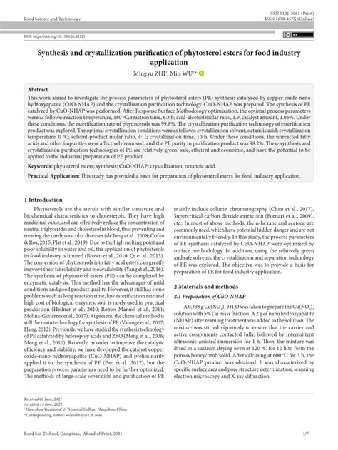 Pdf Synthesis And Crystallization Purification Of Phytosterol Esters For Food Industry Application