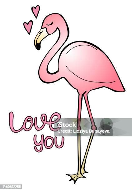 흰색 배경에 손으로 그린 분홍색 플라밍고와 하트 사랑해요 벡터 예시 디자인 인쇄 카드를위한 Elemen에 적합합니다 긴에 대한 스톡 벡터 아트 및 기타 이미지 Istock