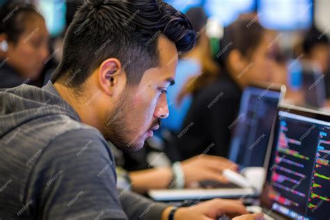A Shot Of Hackathon Participants Intensely Working On Their Laptops With Screens Displaying